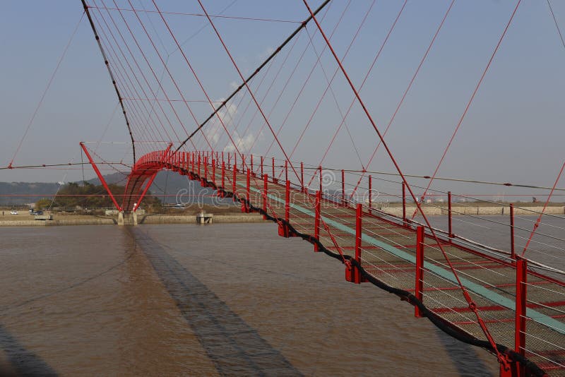 Red Chain Bridge Connecting Islands and Land Stock Photo - Image of ...