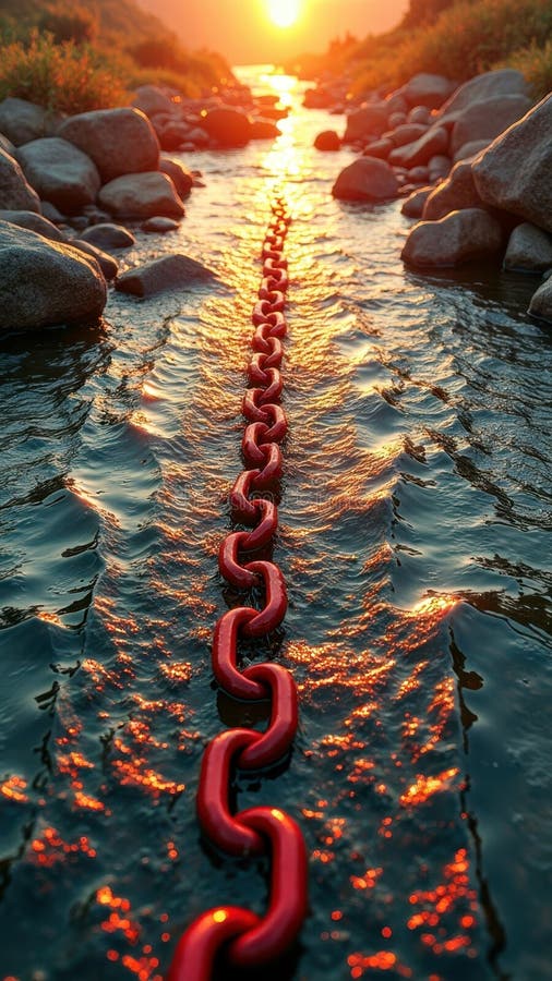 Red Chain Extends Over River with Rocks at Sunset Stock Image - Image ...