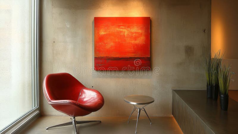Red Chair and Abstract Artwork in Modern Interior Stock Illustration ...
