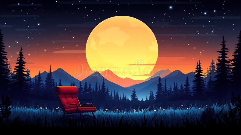 Red Chair in Meadow, Mountain Sunset, Full Moon, Night Stock ...