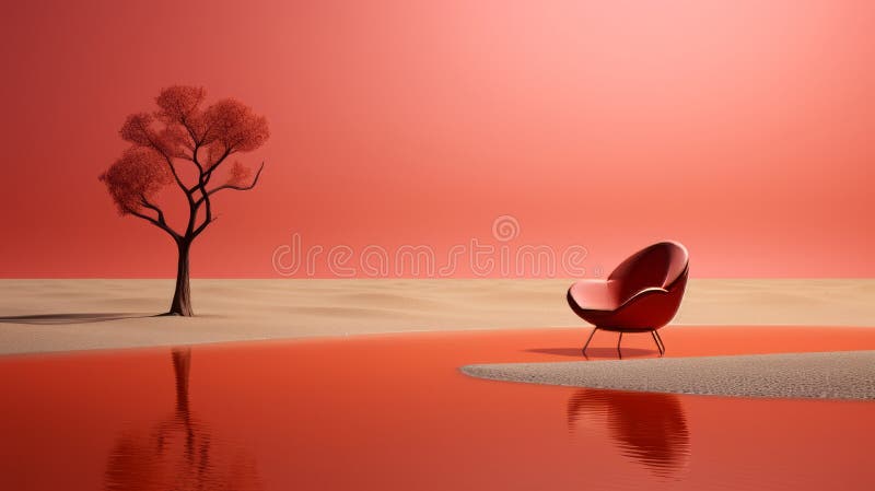 A Red Chair and a Tree in the Desert Stock Illustration - Illustration ...
