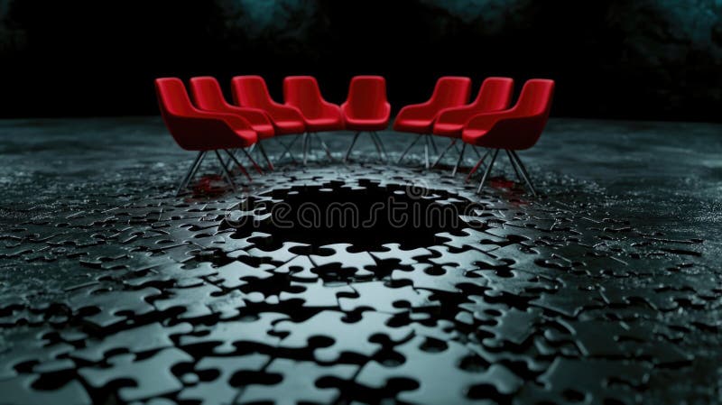 Red Chairs in Circular Setup Around Hole on Puzzle Floor in Dim ...
