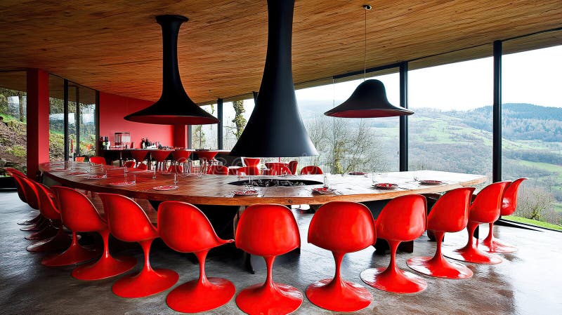 Red Chairs, Long Table, Fireplace, Hillside View, Restaurant Stock ...