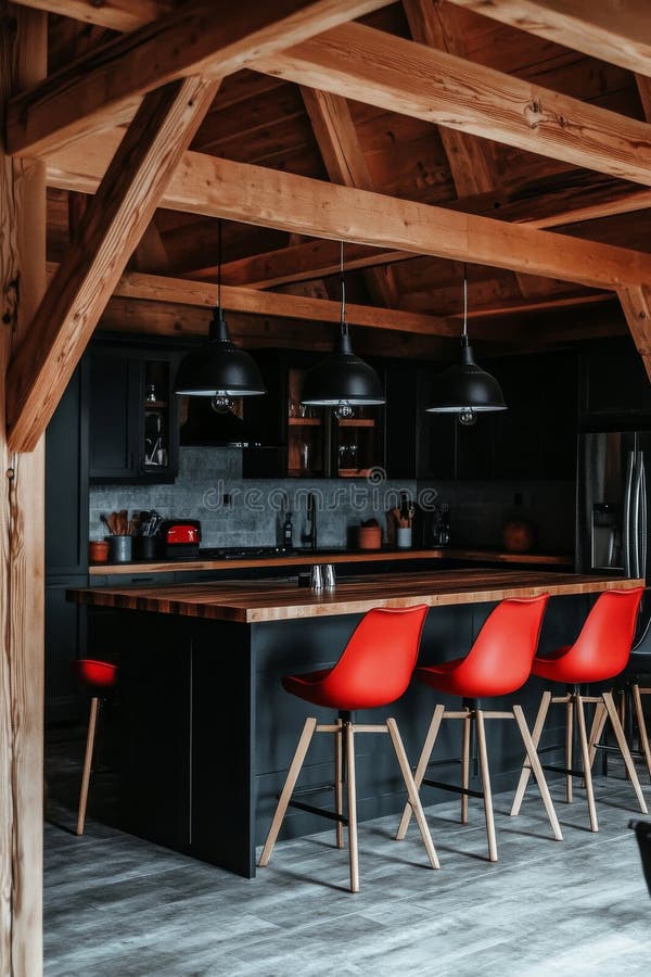 Red Chairs and Wooden Beams Complementing a Modern Kitchen Island Stock ...