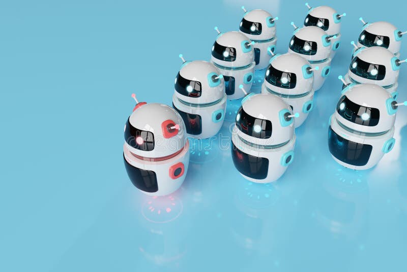 Red Chatbot Robot Leading White Robots on Blue Background 3D Rendering ...