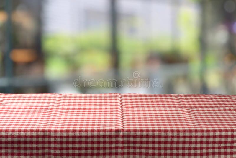Red Checked Tablecloth on Table Over Window Blurred Background. Kitchen ...