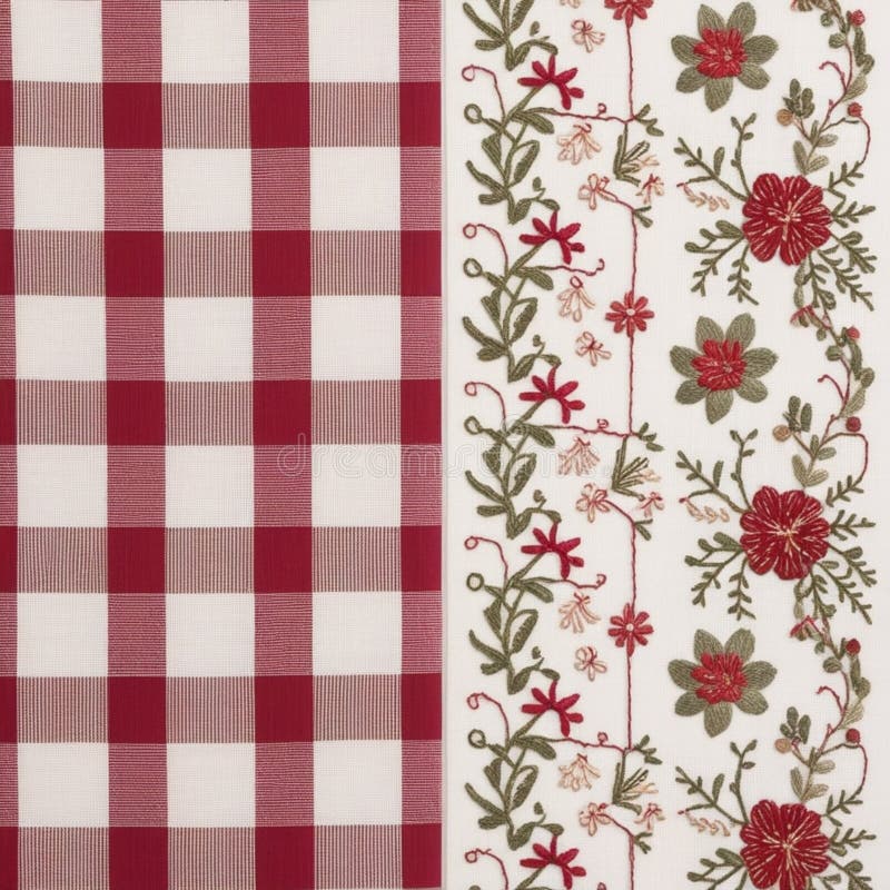 Red Checkered Pattern and Floral Embroidery on White Background. Stock ...