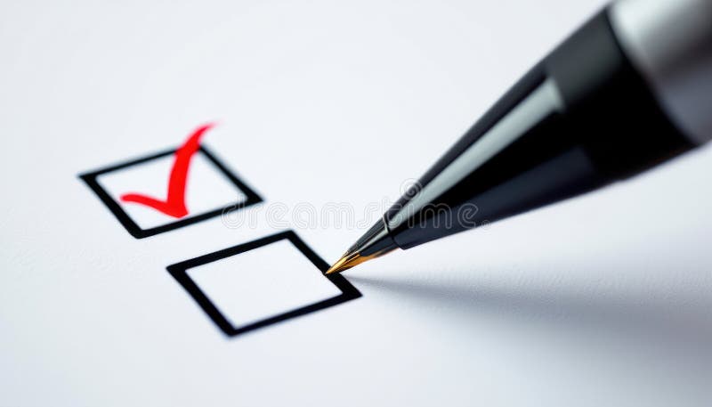 Red Checkmark on Checklist with Pen Stock Photo - Image of response ...