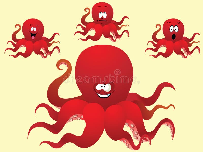 Red Cheerful Cartoon Octopus, with a Different Face. Stock Vector ...