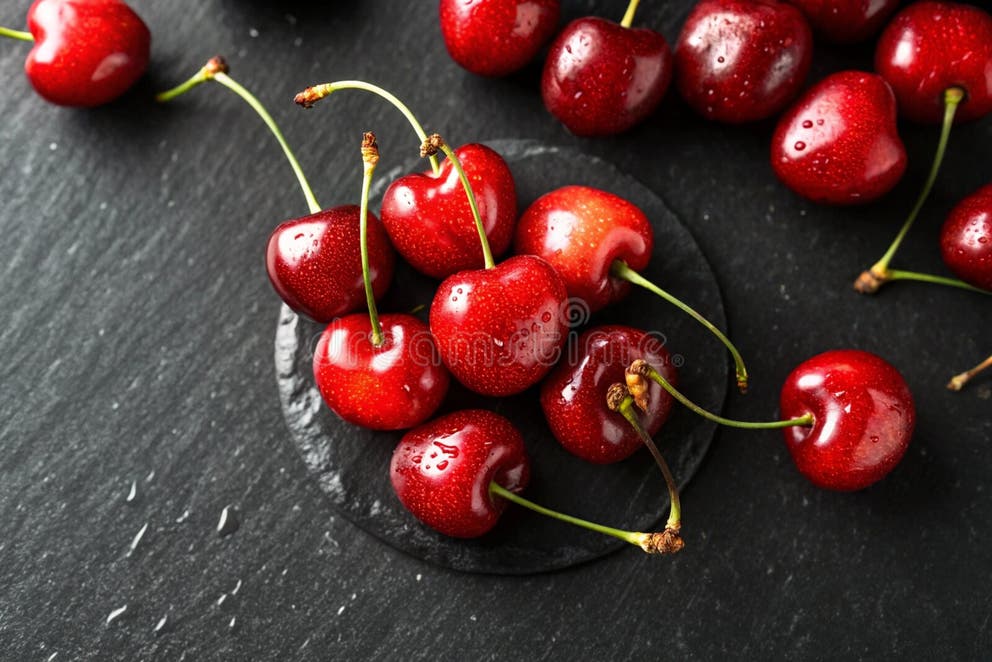 "Red Cherries on Black Background with a Couple in the Middle Stock ...