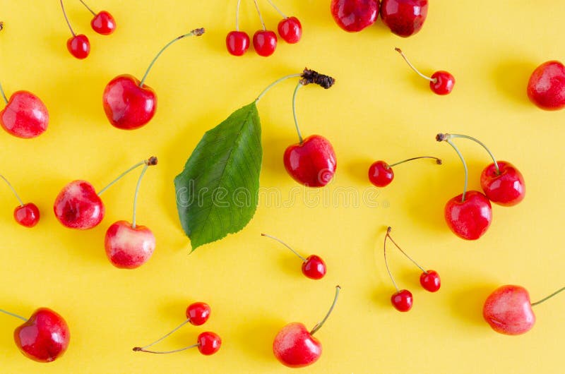 Red Cherries of Different Sizes on Yellow Background with Leaves. Flat ...