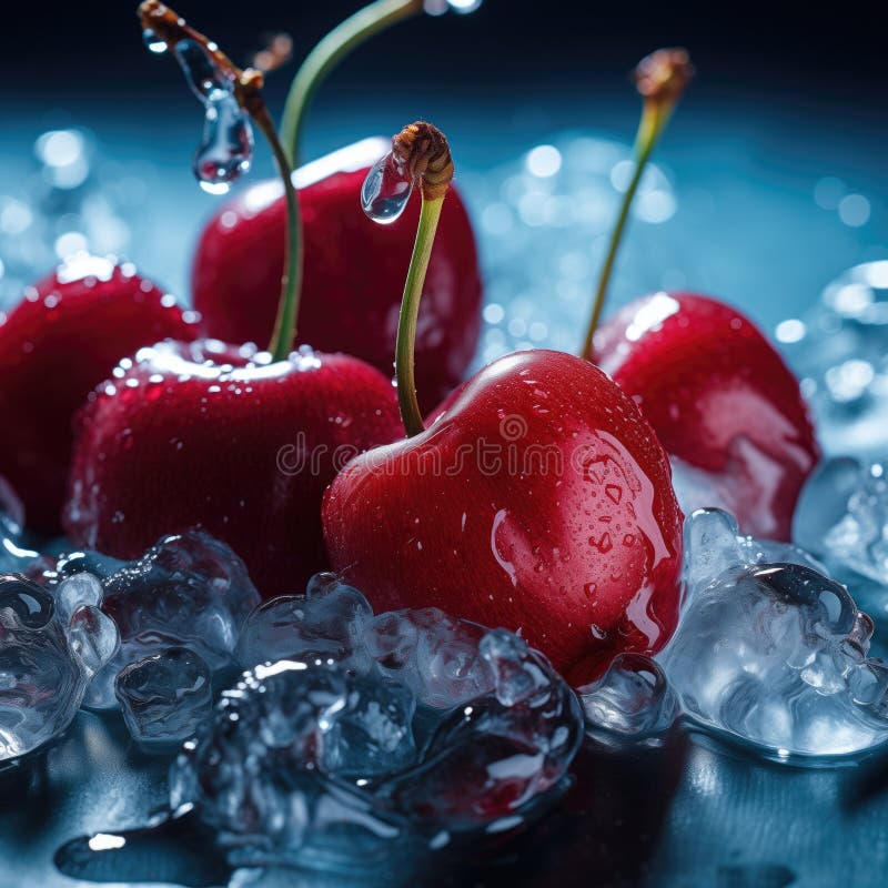 Red Cherries with Ice Cubes on Blue Background Stock Illustration ...