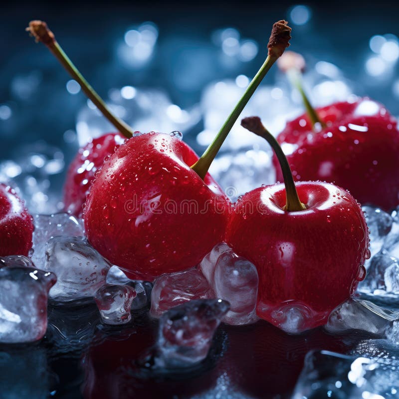 Red Cherries with Ice Cubes on Blue Background Stock Illustration ...