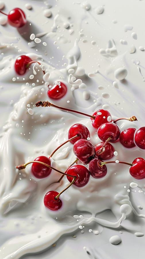 Red Cherries Meet Milk Splash on Crisp White Backdrop Stock ...
