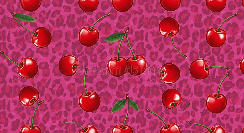 Red Cherries Repeating Pattern with Animal Print Background Stock ...