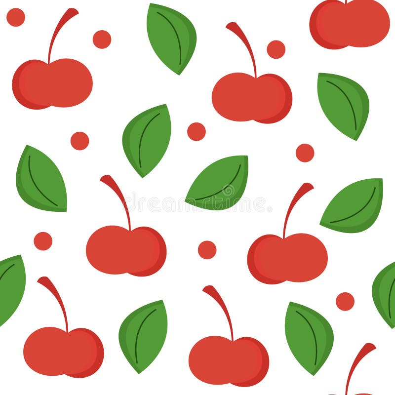 Red Cherries Seamless Pattern in Cartoon Style with Green Leaves ...
