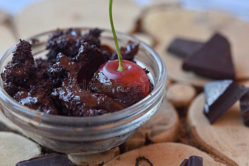 Red Cherry in Chocolate Chips and Dark Chocolate Pieces. Dessert Stock ...