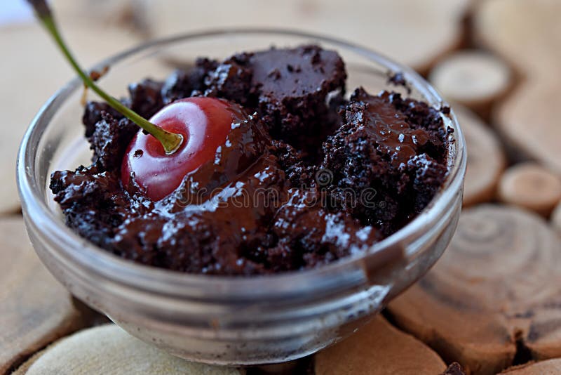 Red Cherry in Chocolate Chips and Dark Chocolate Pieces. Dessert Stock ...