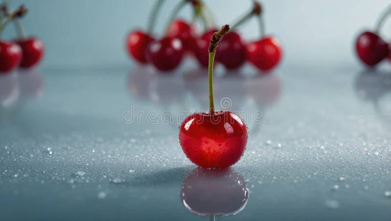 Red Cherry with Dewdrops on Reflective Surface Stock Illustration ...