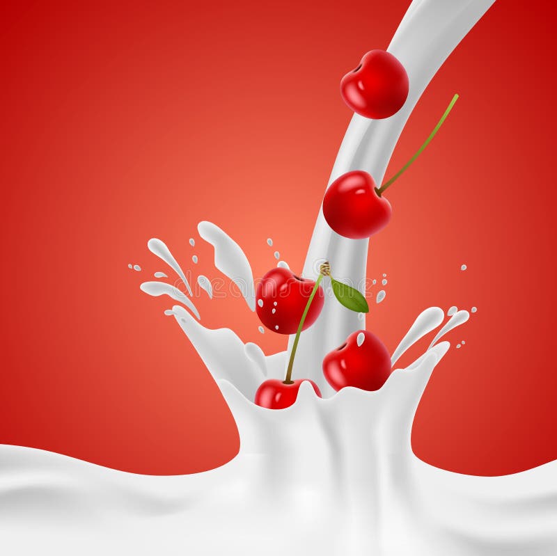 Red Cherry Falling into the Milky Splash Stock Vector - Illustration of ...