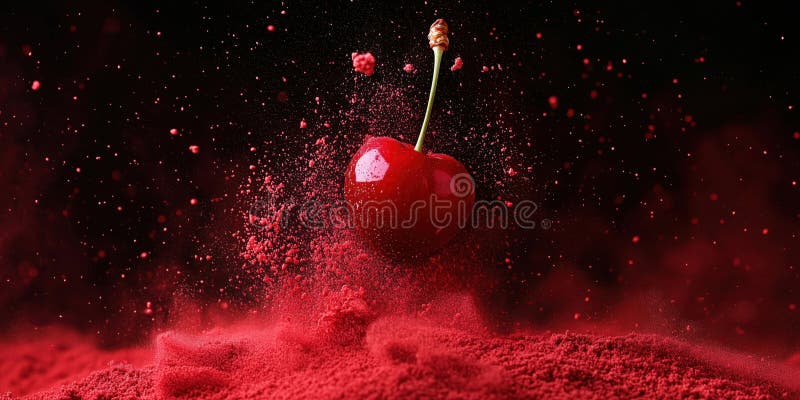 Red Cherry Floating Above Vibrant Red Powder Creating Dynamic Visual ...