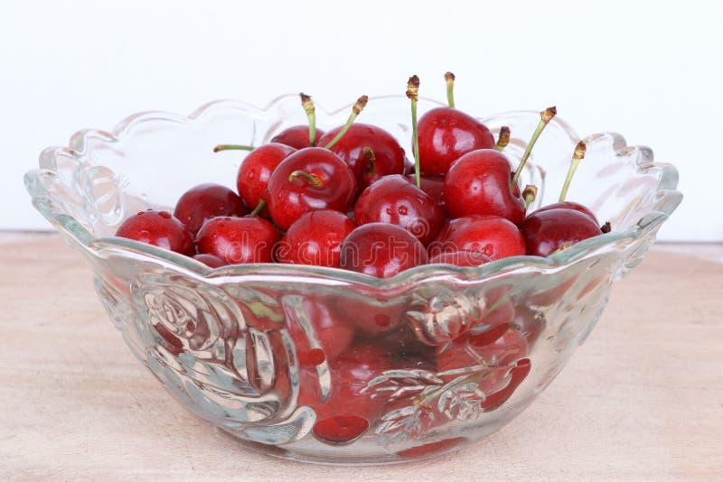 Red Cherry Fruit in Glass Bowl Stock Photo - Image of still, yummy ...