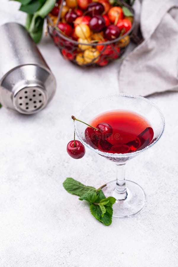 Red Cherry Martini Summer Cocktail Stock Image - Image of mint, glass ...