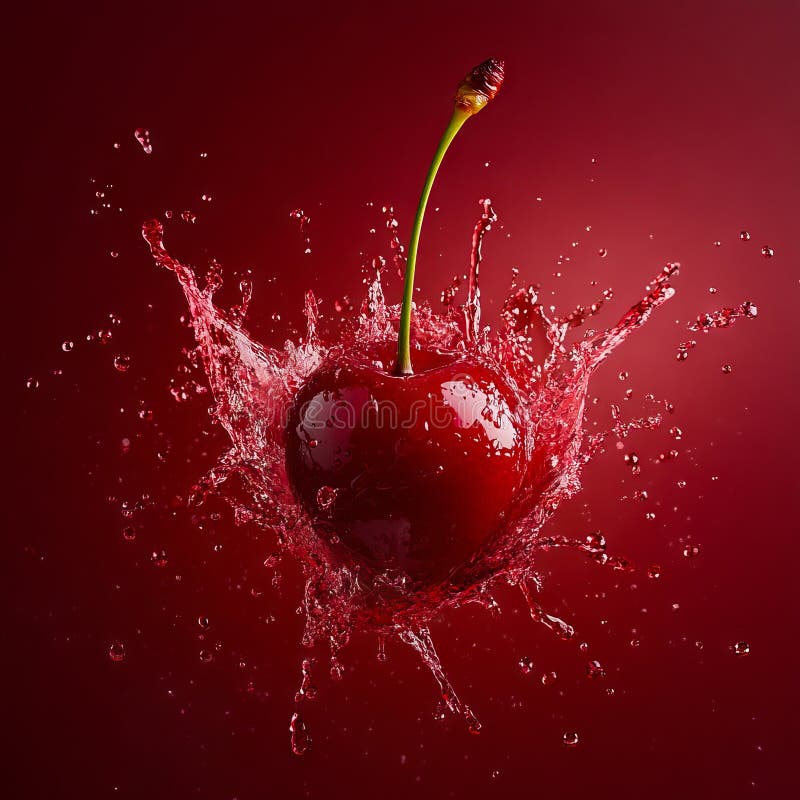 A Red Cherry Splashing into a Red Background with Water Droplets Stock ...