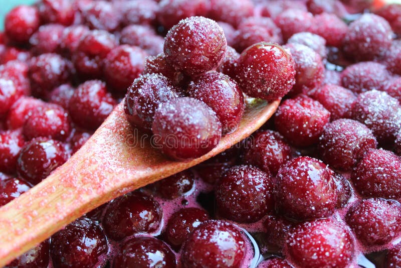 Red Cherry with Sugar and Wooden Spoon Stock Photo - Image of frame ...