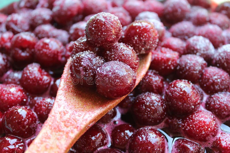 Red Cherry with Sugar and Wooden Spoon Stock Photo - Image of homemade ...