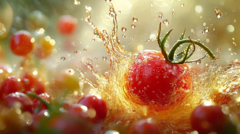 Red Cherry Tomato Splash in Sunlight Stock Illustration - Illustration ...