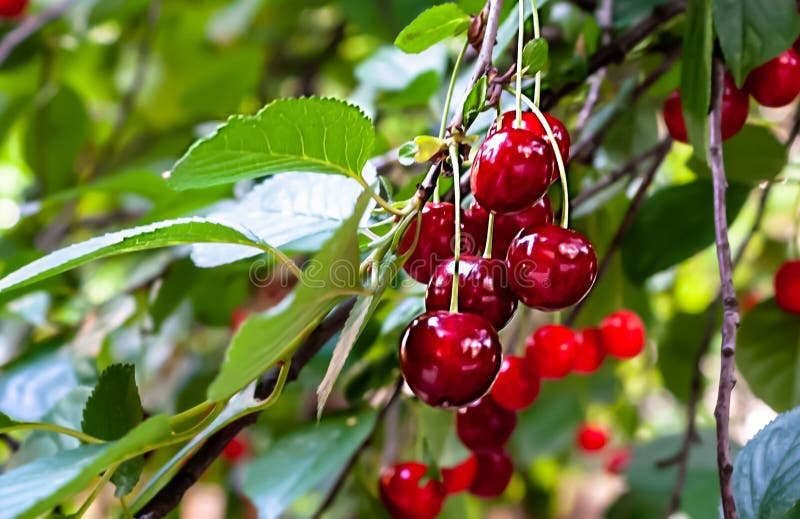 Red cherry on the tree. stock image. Image of green - 143770299