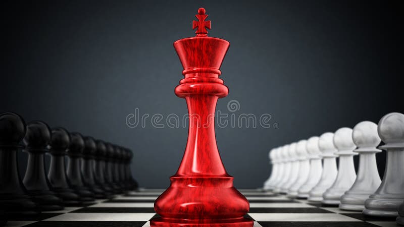 Red Chess King Standing between White and Black Pawns. 3D Illustration ...