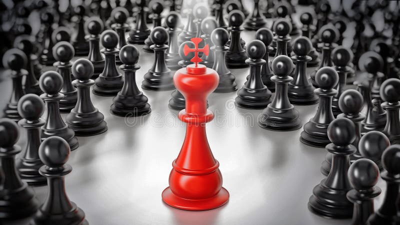 Red Chess King Standing among White Pawns. 3D Illustration Stock ...