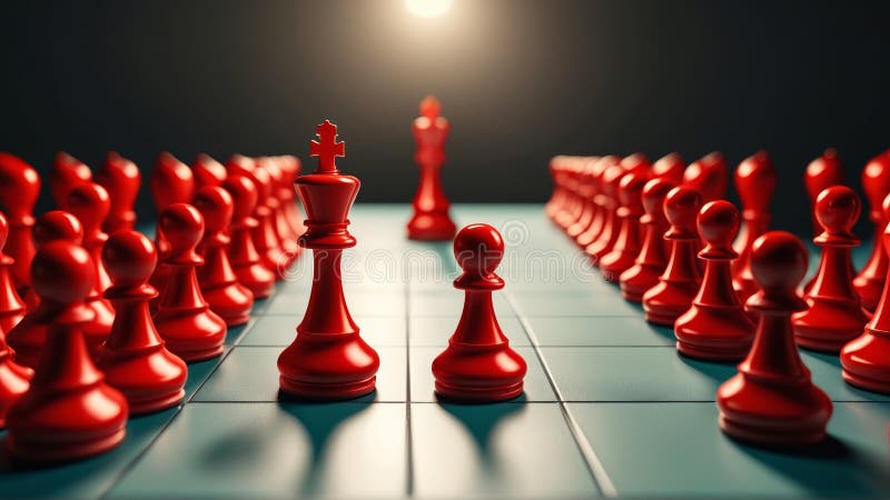 Red Chess Pieces on Blue Board Under Dramatic Lighting Stock Image ...