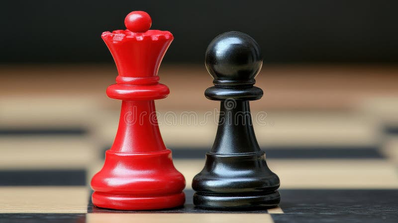 Red Chess Queen and Black Pawn on Checkerboard Surface CloseUp Stock ...