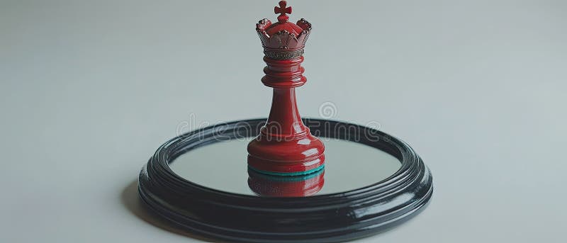 A RED CHESS QUEEN PIECE STANDS on a ROUND BLACK-FRAMED MIRROR, ITS ...