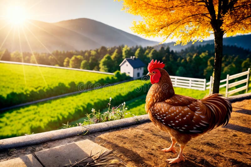 Red Chicken on a Farm in Nature. Hen in a Free Range Farm. Chicken ...