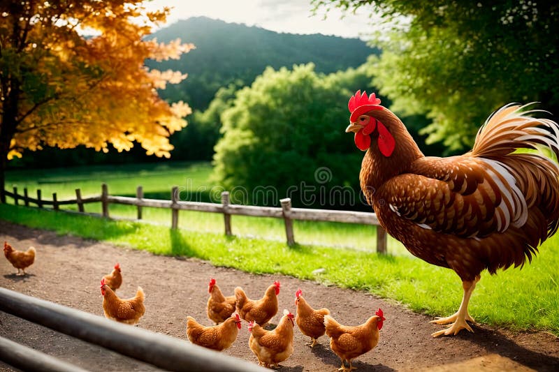 Red Chicken on a Farm in Nature. Hen in a Free Range Farm. Chicken ...