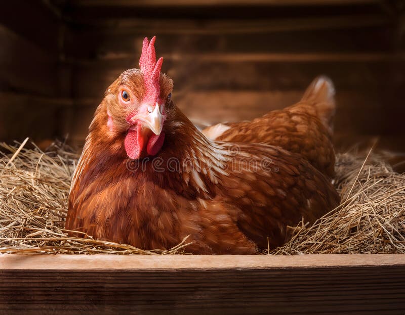 Red Chicken Lying on Straw Bed in a Pen Incubating Her Eggs Stock ...
