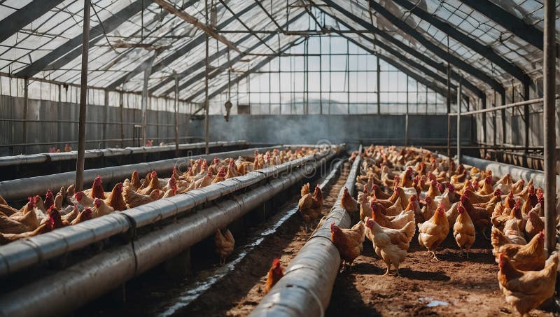 Red Chickens Walk on Dirt Floor between Metal Pipes in a Poultry Farm ...