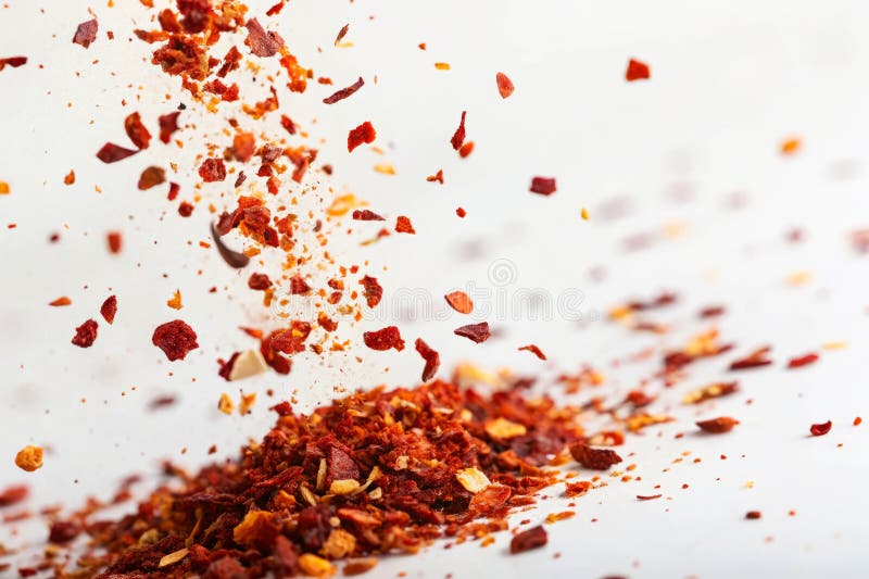 Red Chili Flakes Falling from Above on White Background with a Soft ...