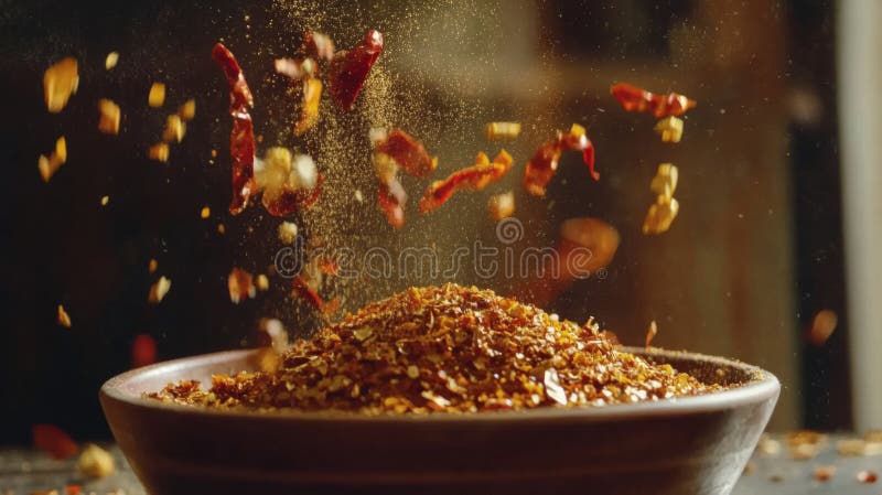 Red Chili Flakes Falling into a Bowl Stock Illustration - Illustration ...