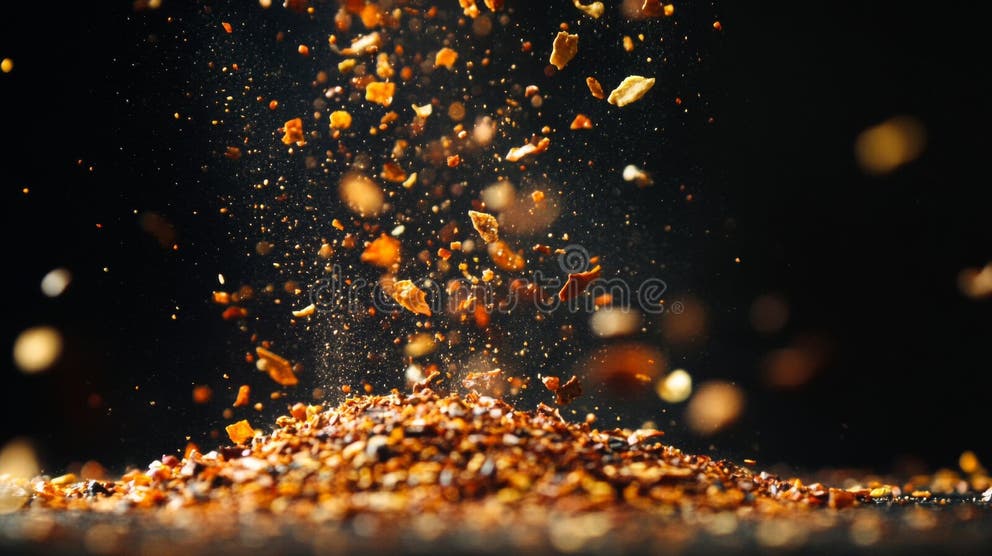 Red Chili Flakes Falling on Dark Background Stock Illustration ...