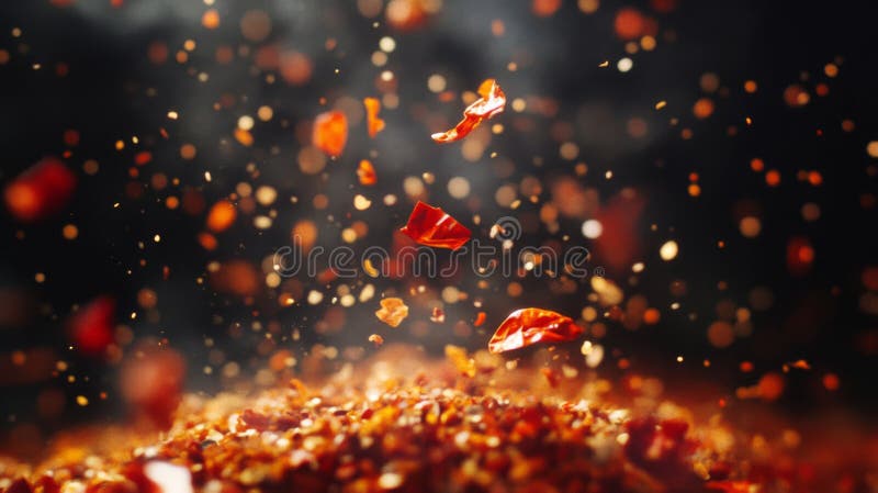 Red Chili Flakes Flying Against Dark Background Stock Illustration ...