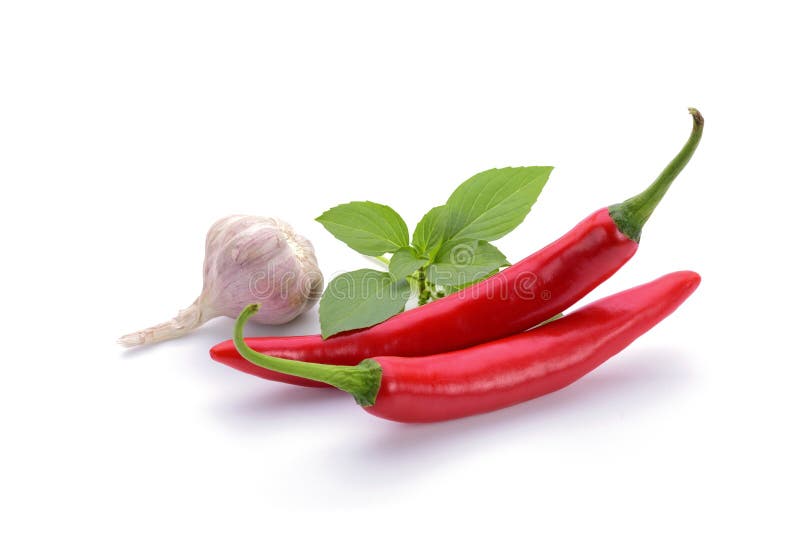 Red Chili and Garlic Basil Leaves on White Background Stock Image ...