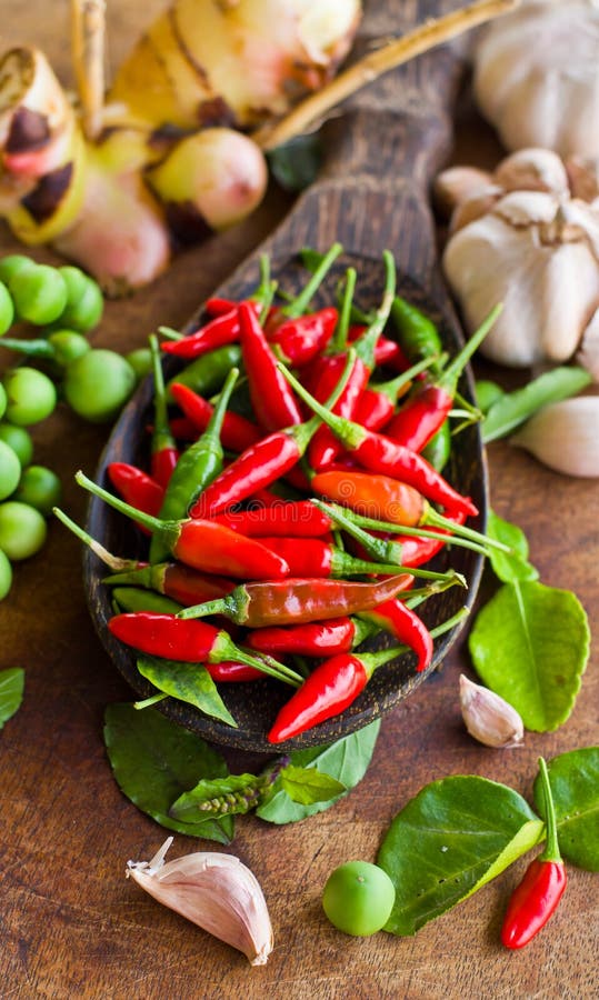 Red chili and many spices stock image. Image of leaf - 36330869