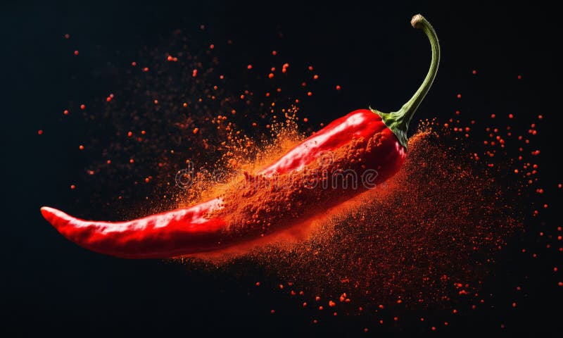 Red Chili Pepper with Red Powder Explosion on a Black Background Stock ...
