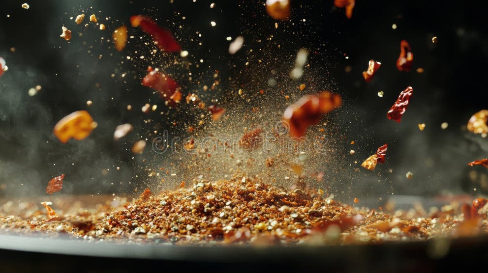 Red Chili Pepper Flakes Exploding Against Dark Background Stock ...