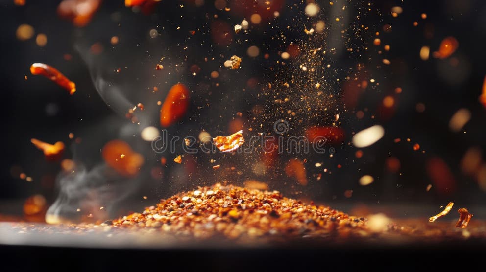 Red Chili Pepper Flakes Falling on Dark Background Stock Illustration ...